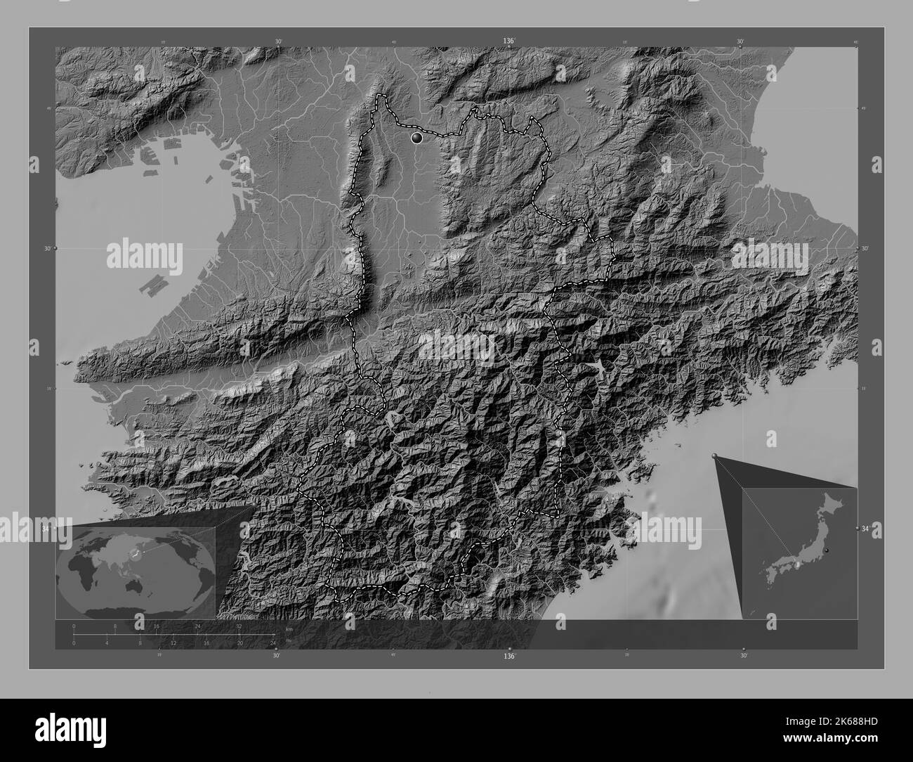 Nara, prefecture of Japan. Bilevel elevation map with lakes and rivers ...