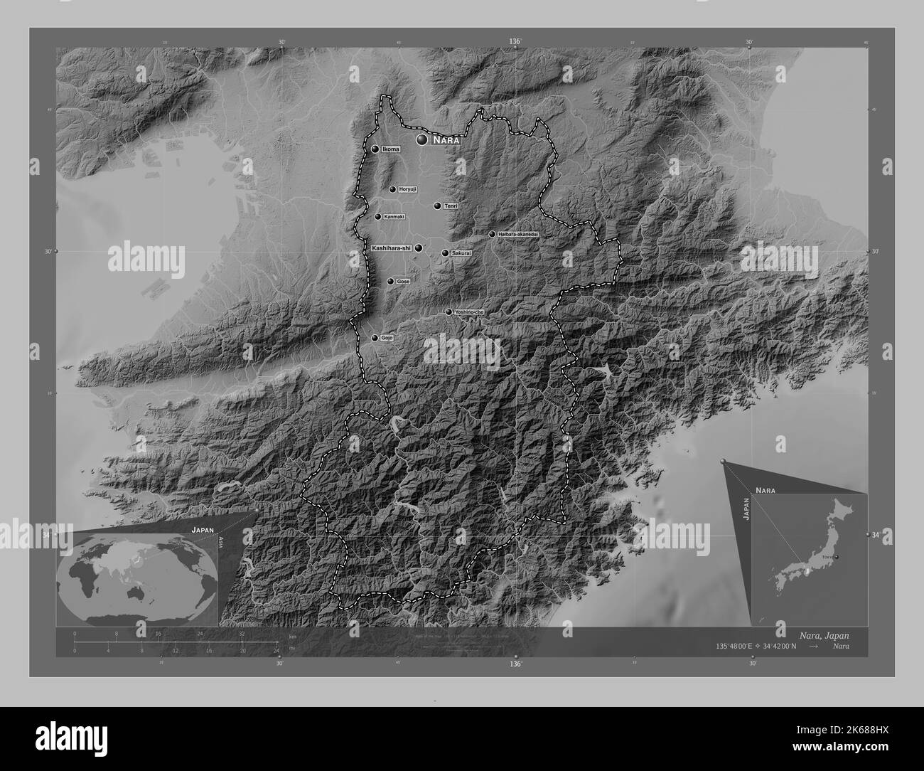 Nara, prefecture of Japan. Grayscale elevation map with lakes and ...
