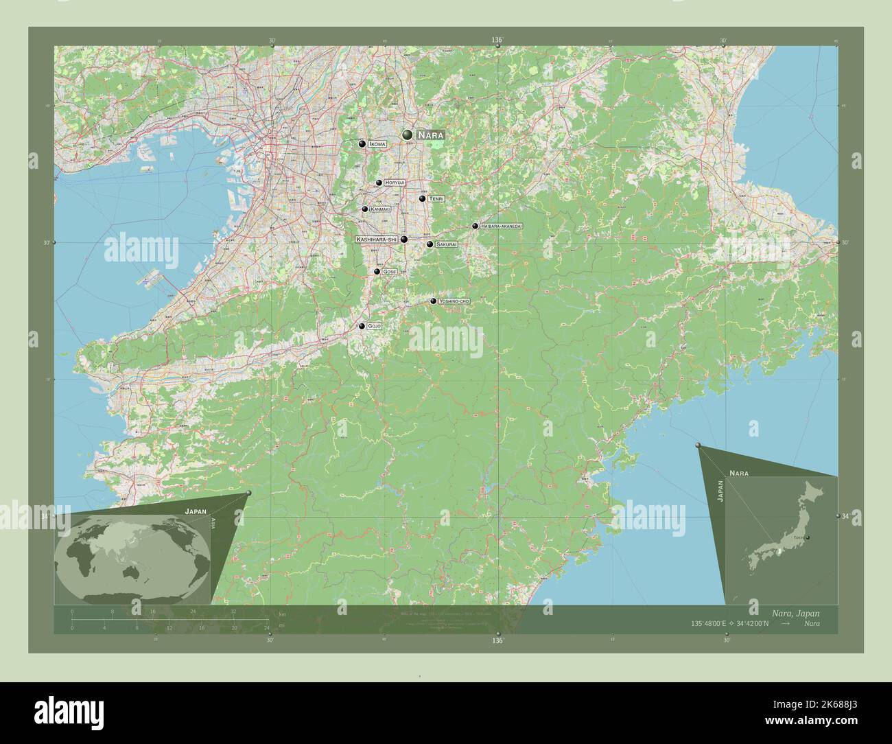 Nara, prefecture of Japan. Open Street Map. Locations and names of ...