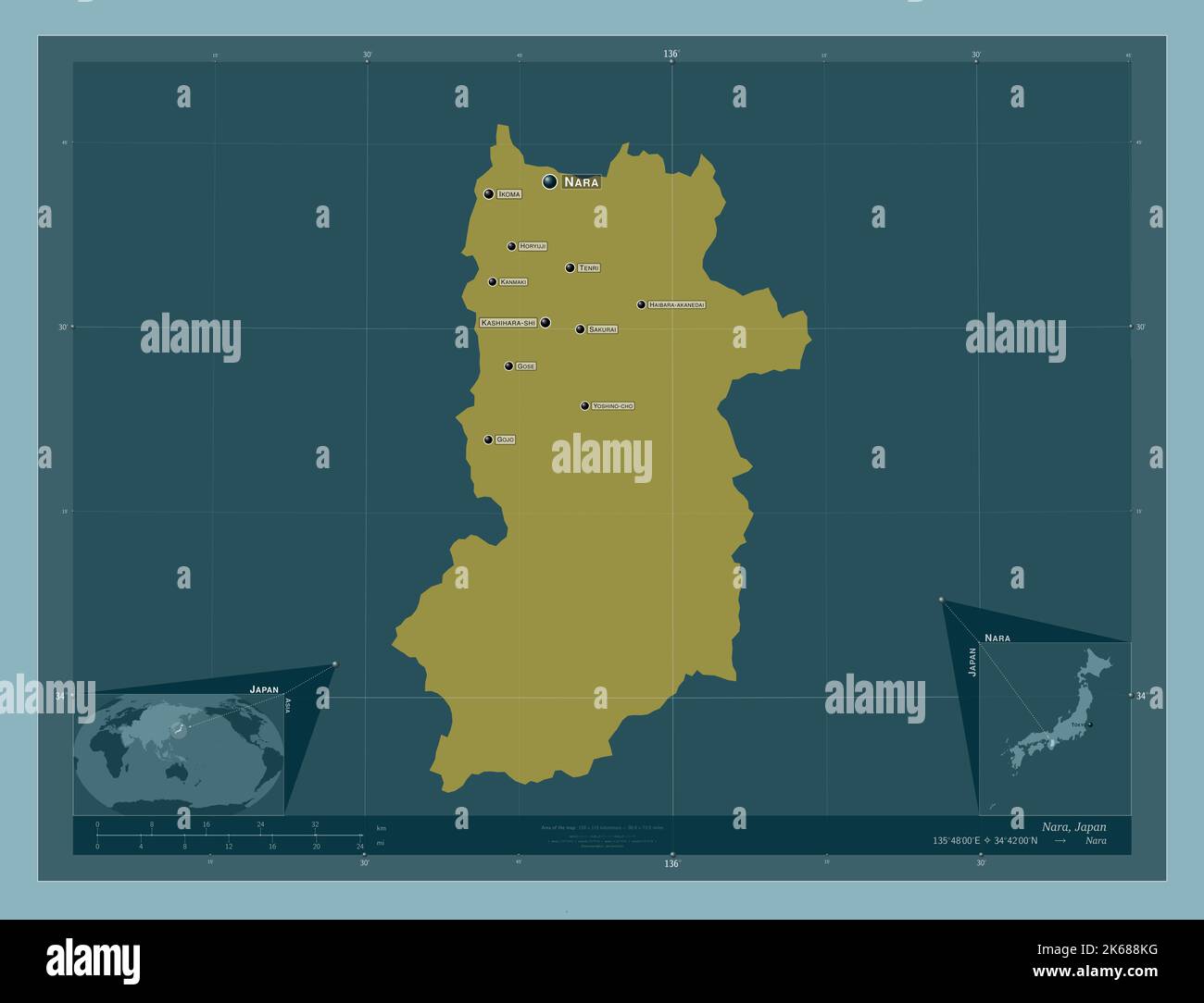 Nara, prefecture of Japan. Solid color shape. Locations and names of ...