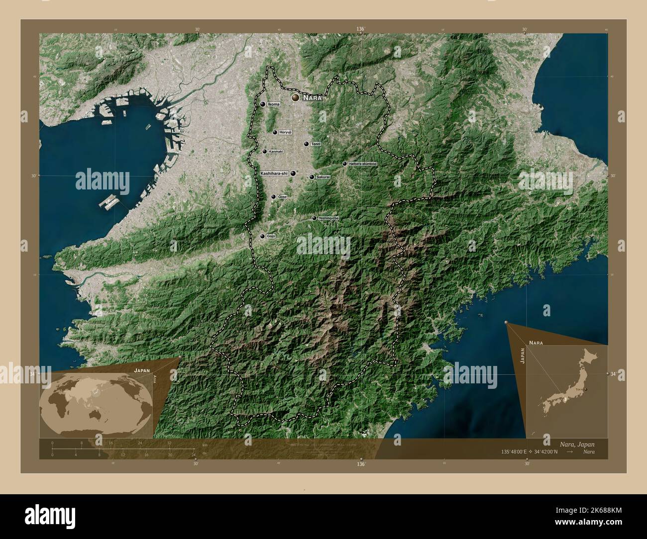 Nara, prefecture of Japan. Low resolution satellite map. Locations and ...
