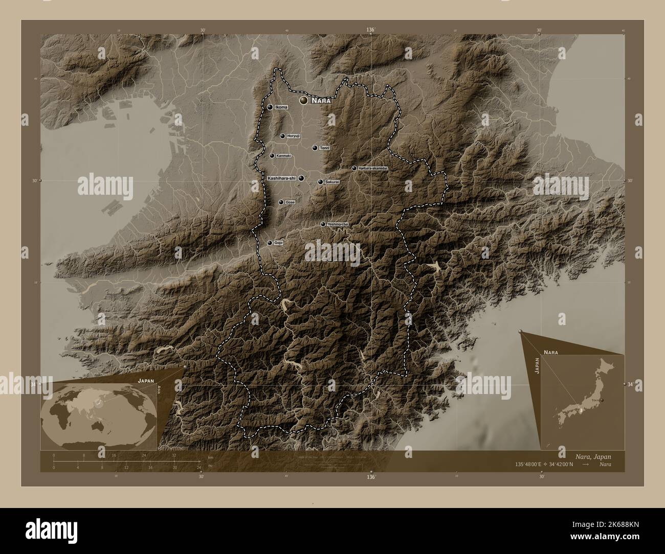 Nara, prefecture of Japan. Elevation map colored in sepia tones with ...