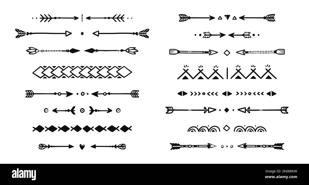 Mexican, boho arrow hand drawn element set. African, aztec rustic ...