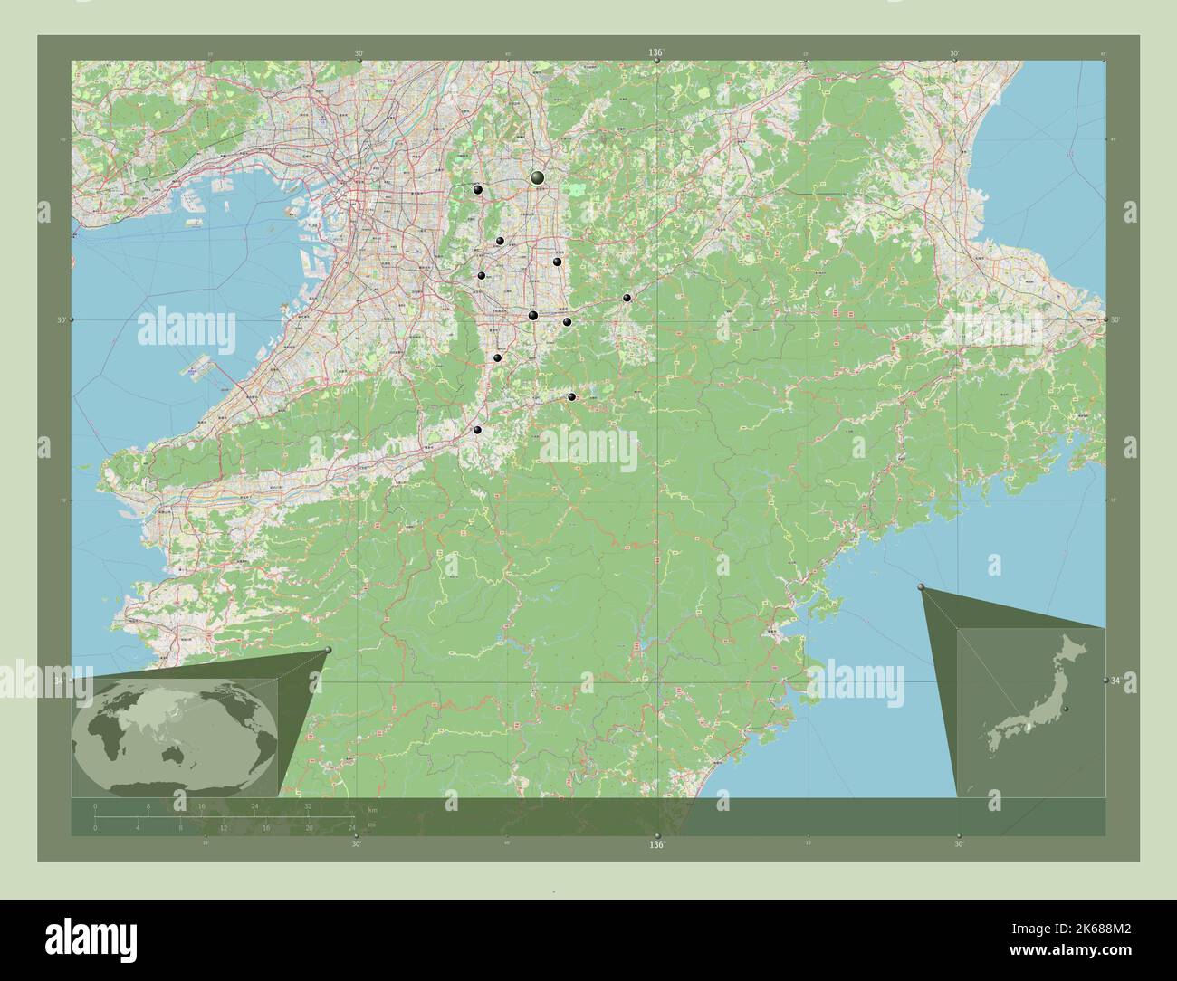 Nara, prefecture of Japan. Open Street Map. Locations of major cities ...