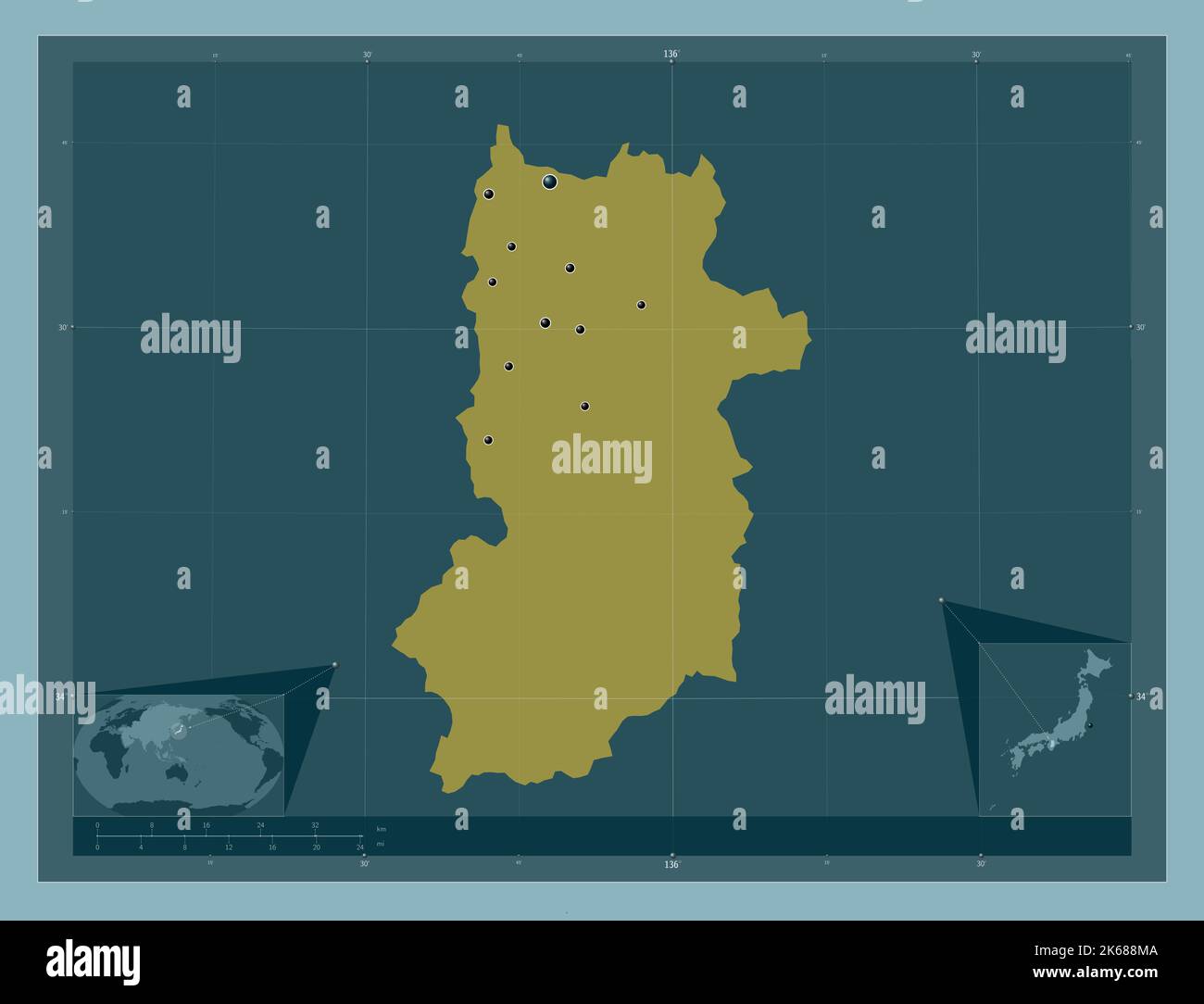 Nara, prefecture of Japan. Solid color shape. Locations of major cities ...