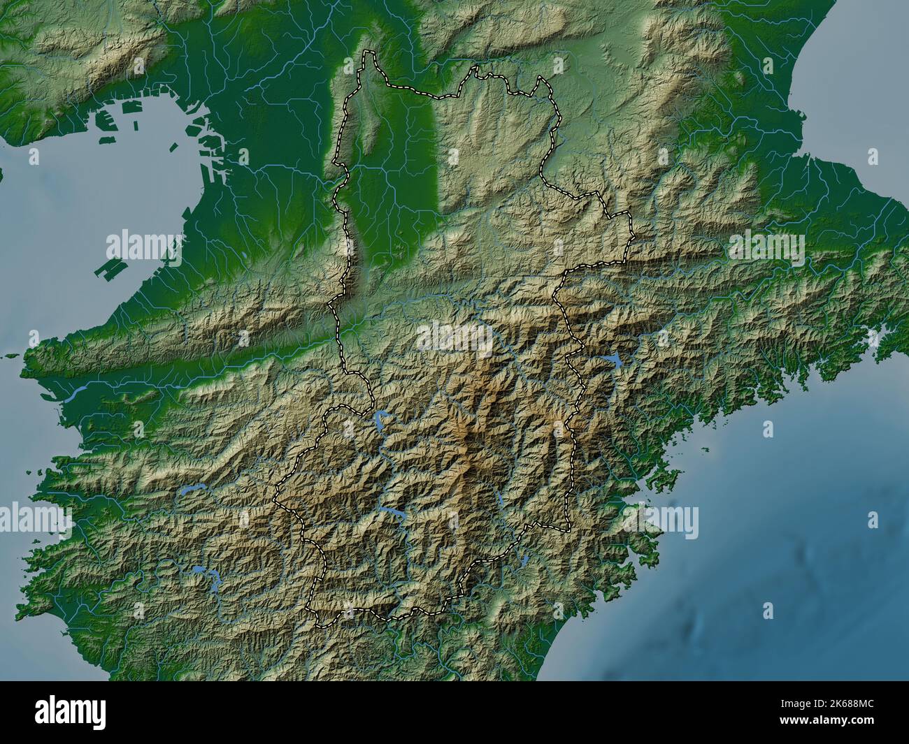 Nara, prefecture of Japan. Colored elevation map with lakes and rivers ...