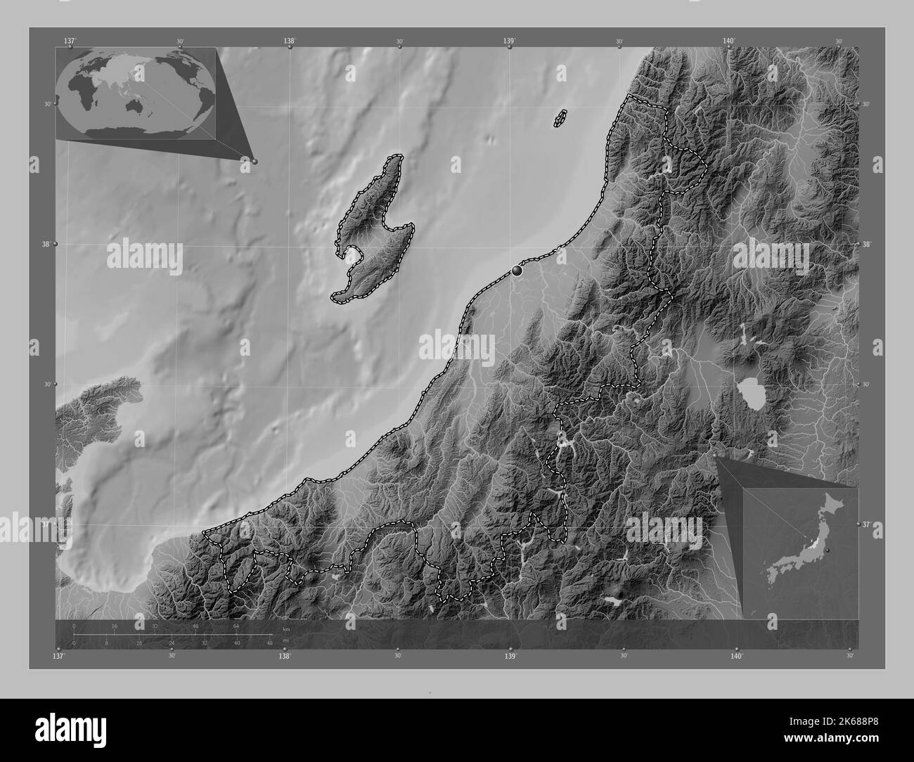 Niigata, prefecture of Japan. Grayscale elevation map with lakes and ...