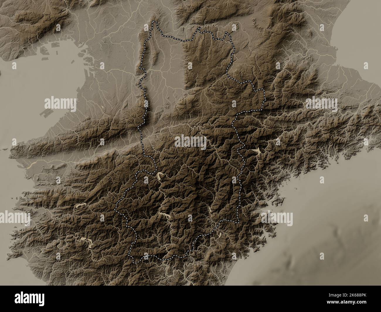 Nara, prefecture of Japan. Elevation map colored in sepia tones with ...