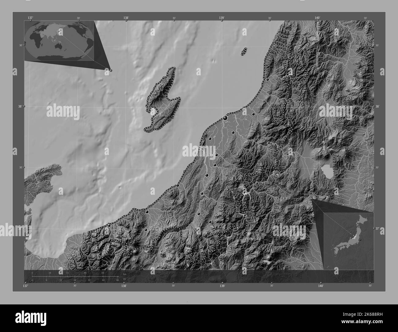 Niigata, prefecture of Japan. Bilevel elevation map with lakes and ...