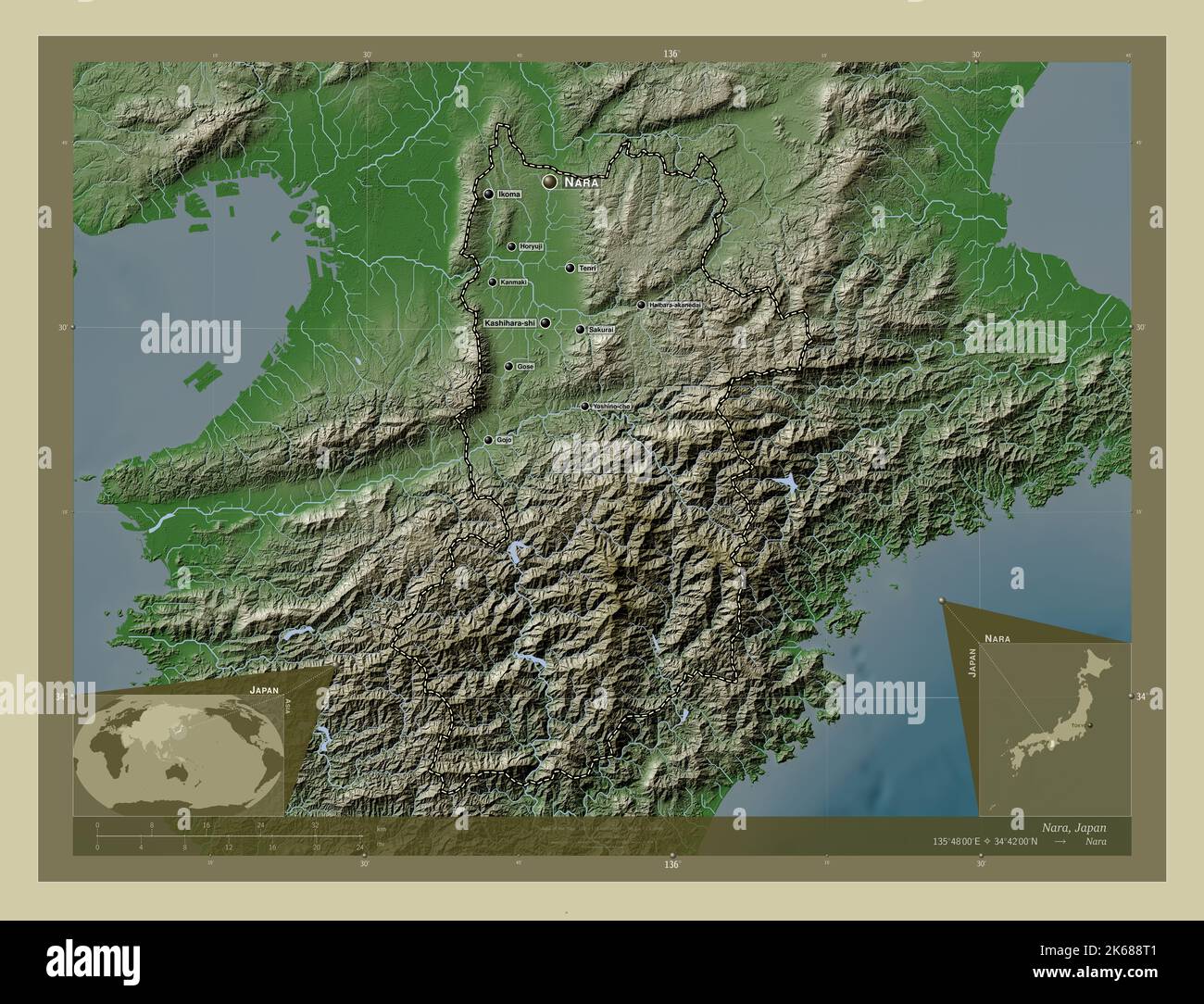 Nara, prefecture of Japan. Elevation map colored in wiki style with ...