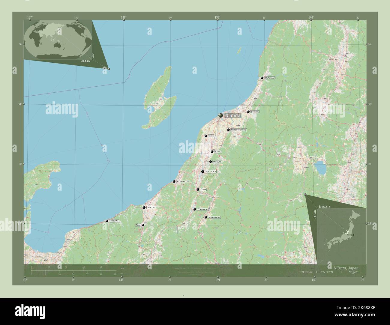 Niigata, prefecture of Japan. Open Street Map. Locations and names of ...