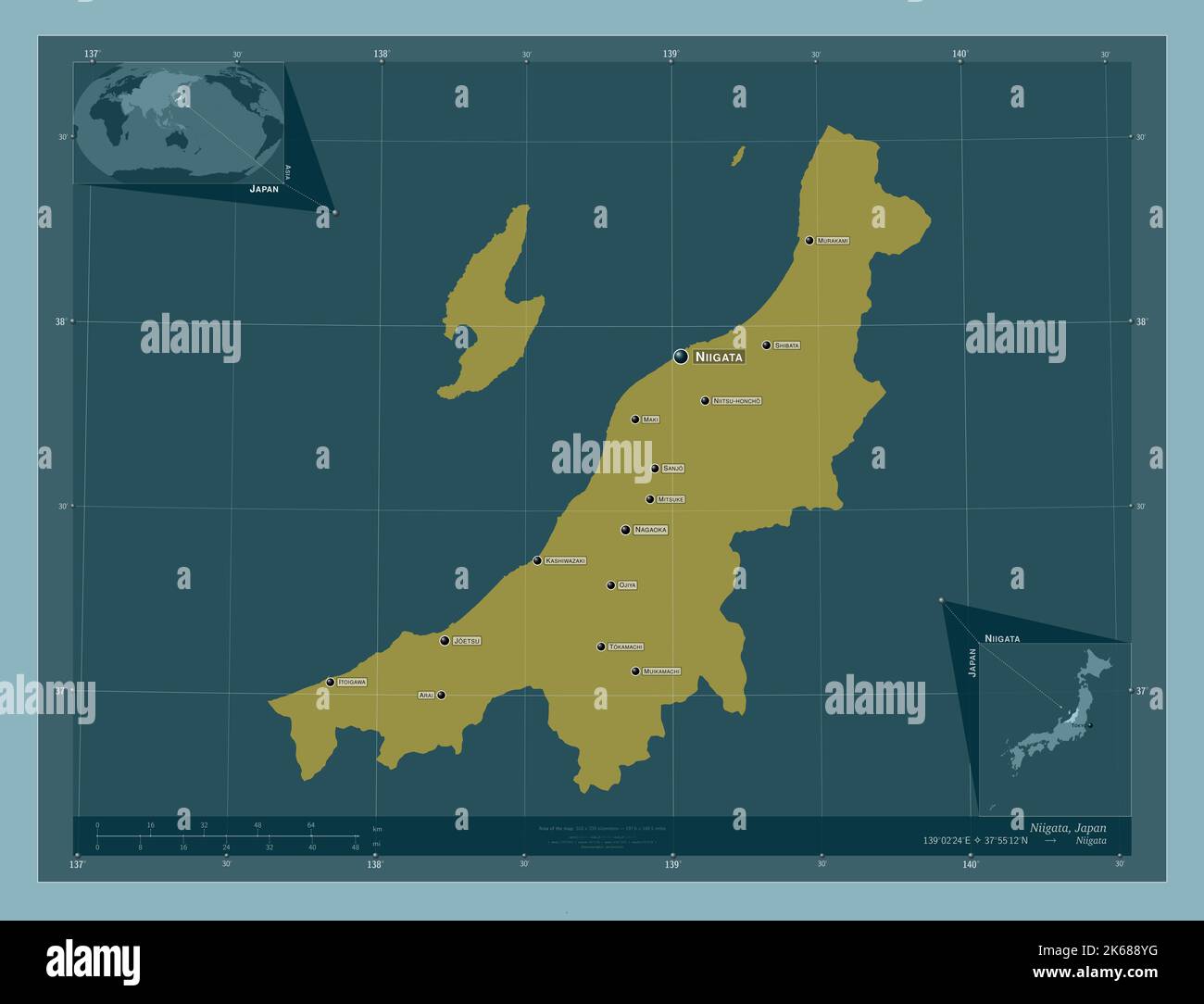 Niigata, prefecture of Japan. Solid color shape. Locations and names of ...