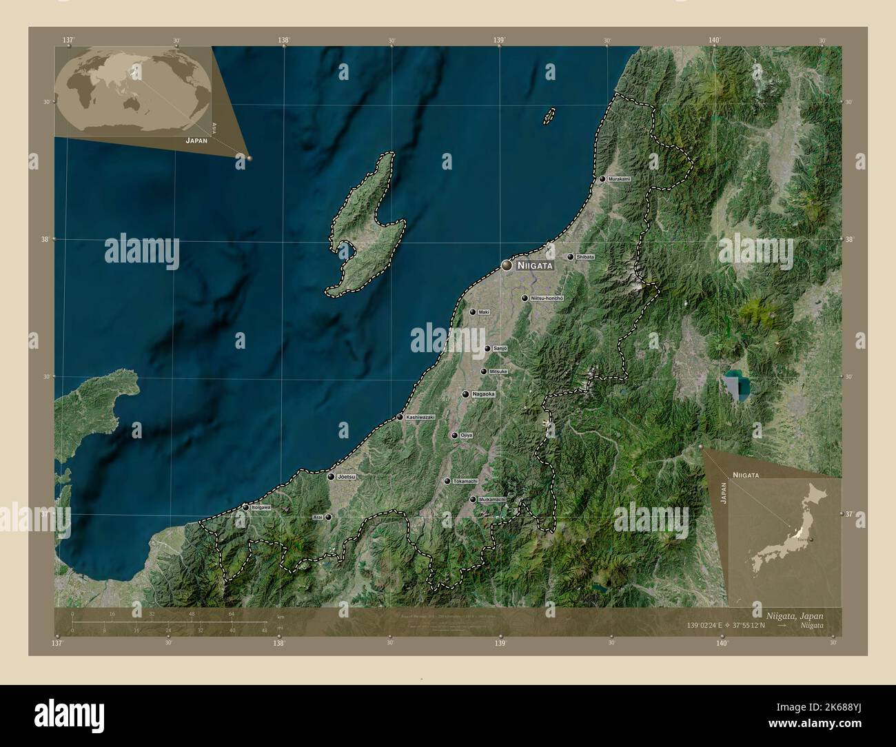 Niigata, prefecture of Japan. High resolution satellite map. Locations ...