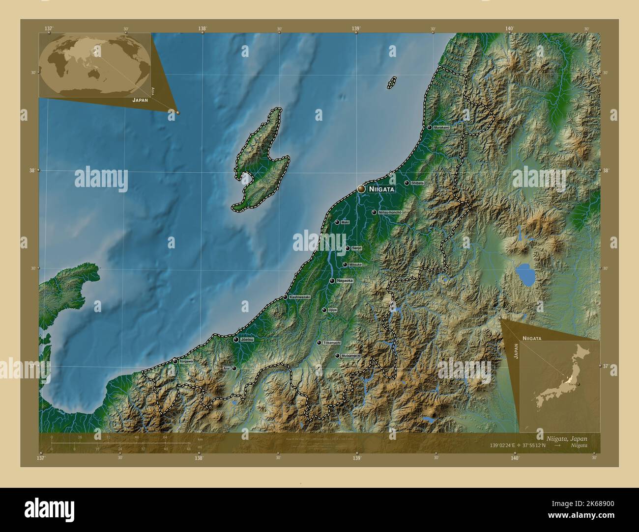 Niigata, prefecture of Japan. Colored elevation map with lakes and ...