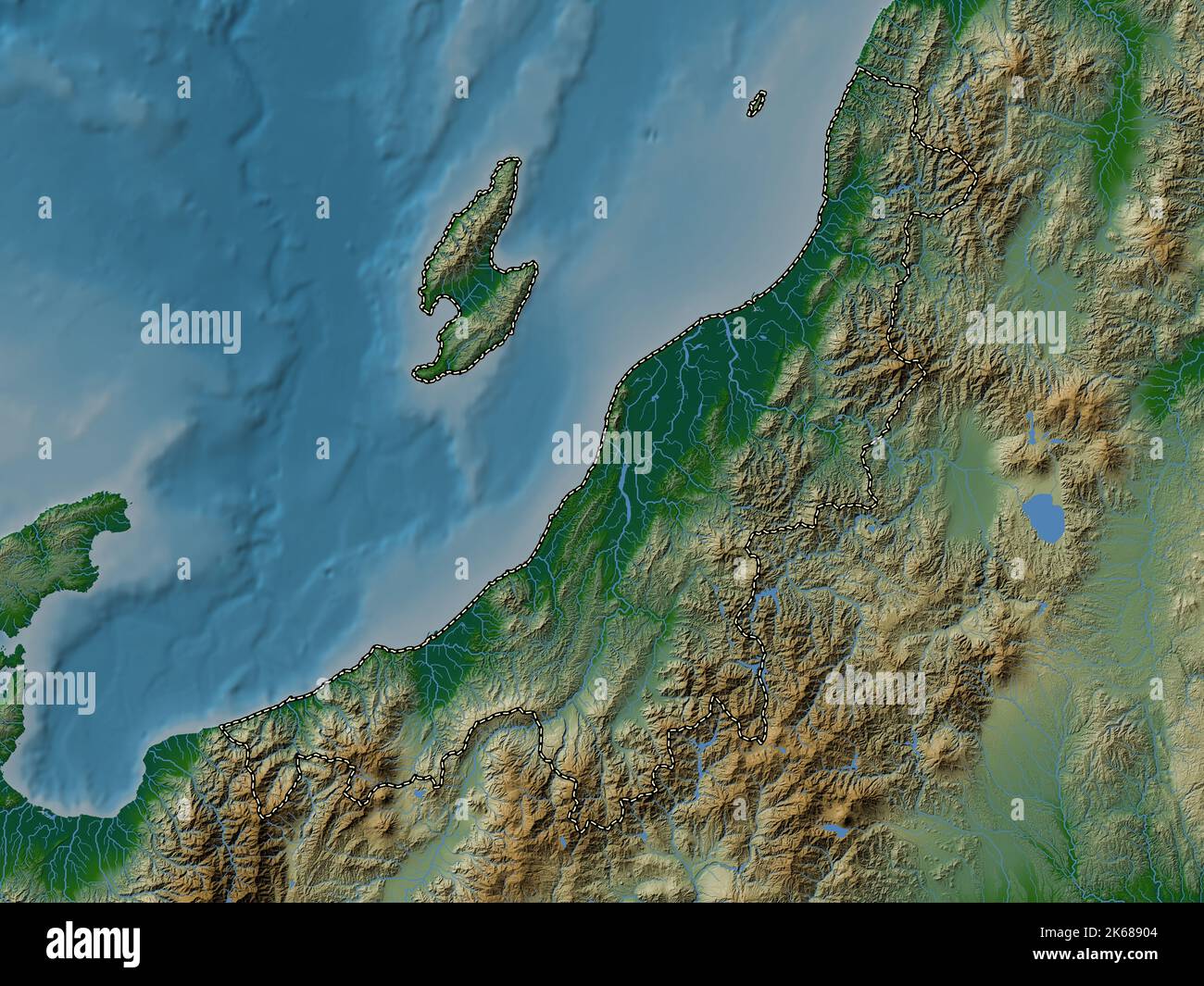 Niigata, prefecture of Japan. Colored elevation map with lakes and ...