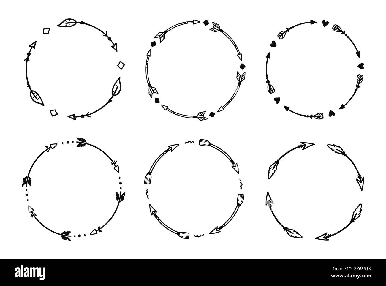 Boho arrow circle frame set. Hand drawn doodle african, aztec rustic ...