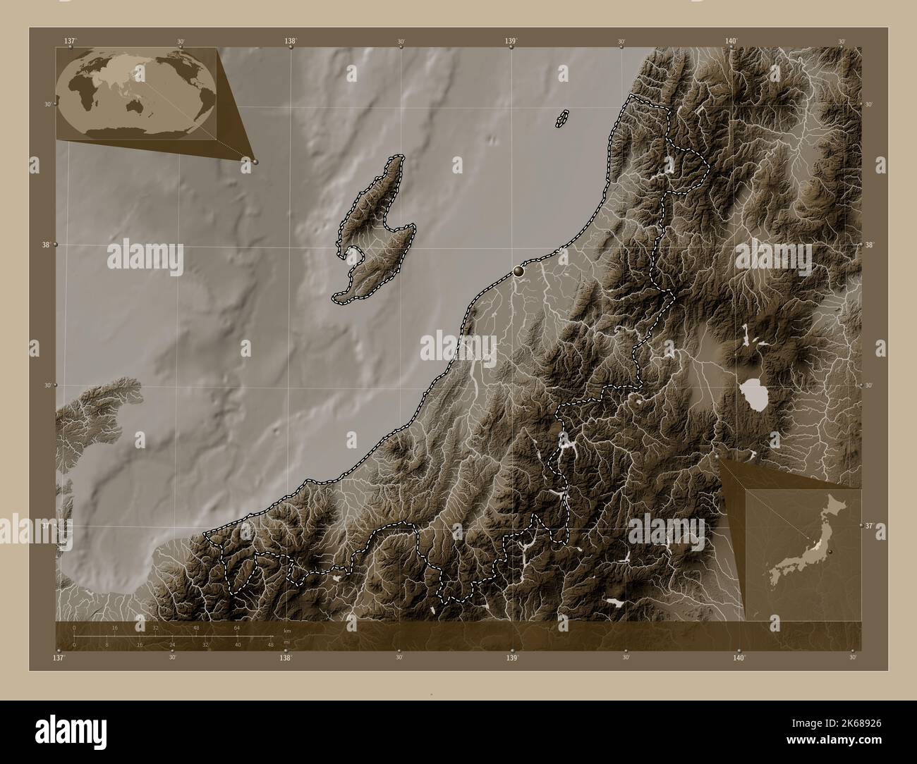 Niigata, prefecture of Japan. Elevation map colored in sepia tones with ...