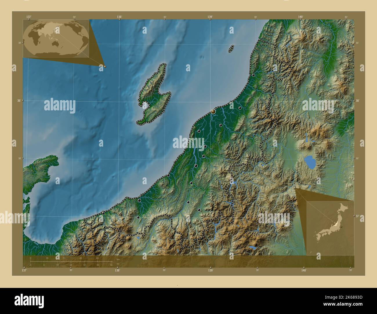 Niigata, prefecture of Japan. Colored elevation map with lakes and ...