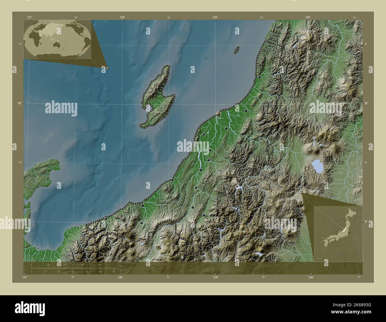 Niigata, prefecture of Japan. Elevation map colored in wiki style with ...