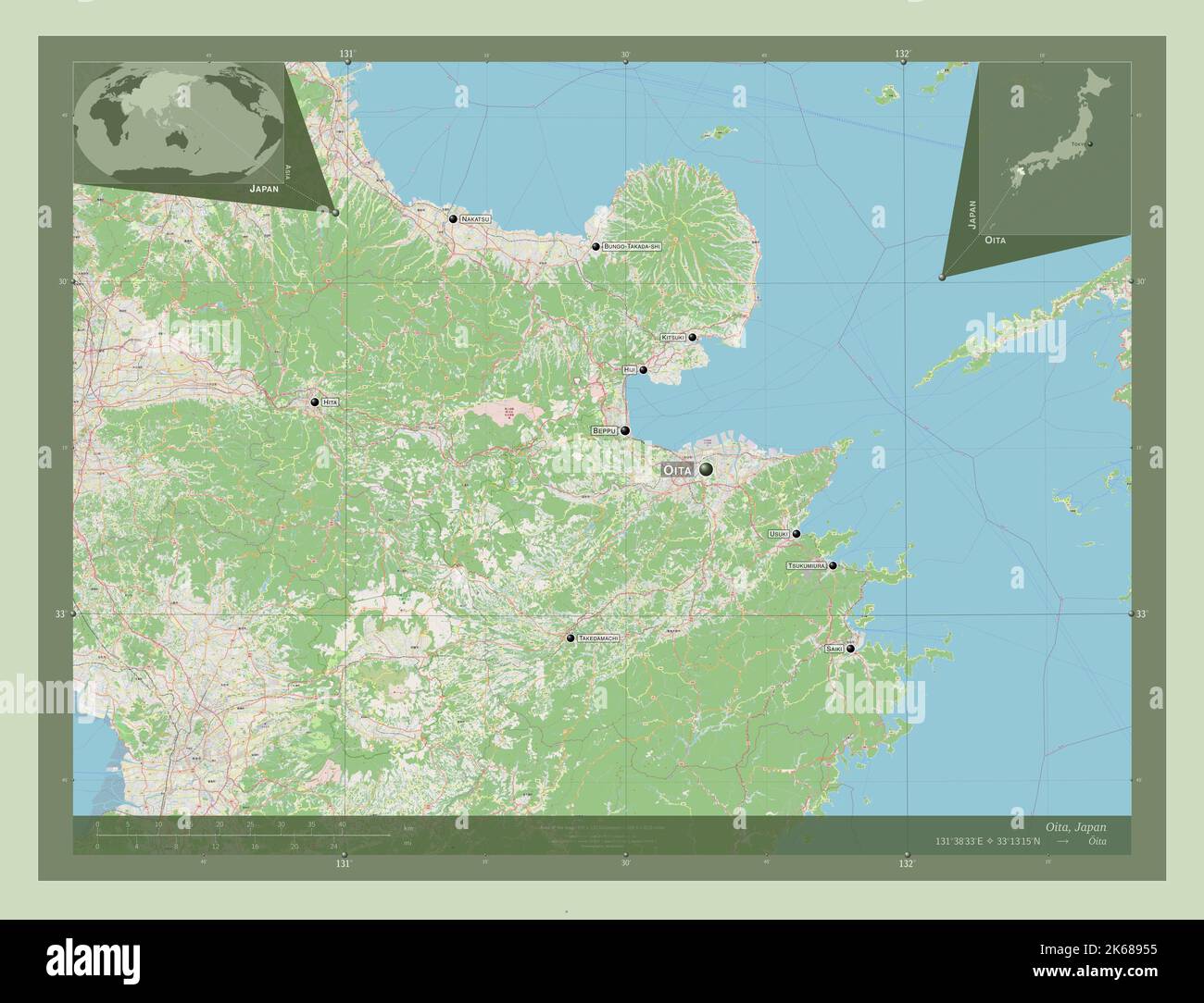 Oita, prefecture of Japan. Open Street Map. Locations and names of ...