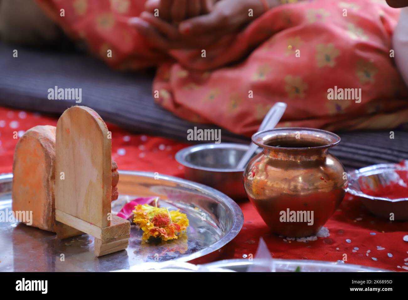 The religious Indian Puja ceremony preparations Stock Photo - Alamy