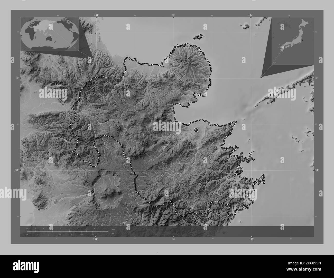 Oita, prefecture of Japan. Grayscale elevation map with lakes and ...