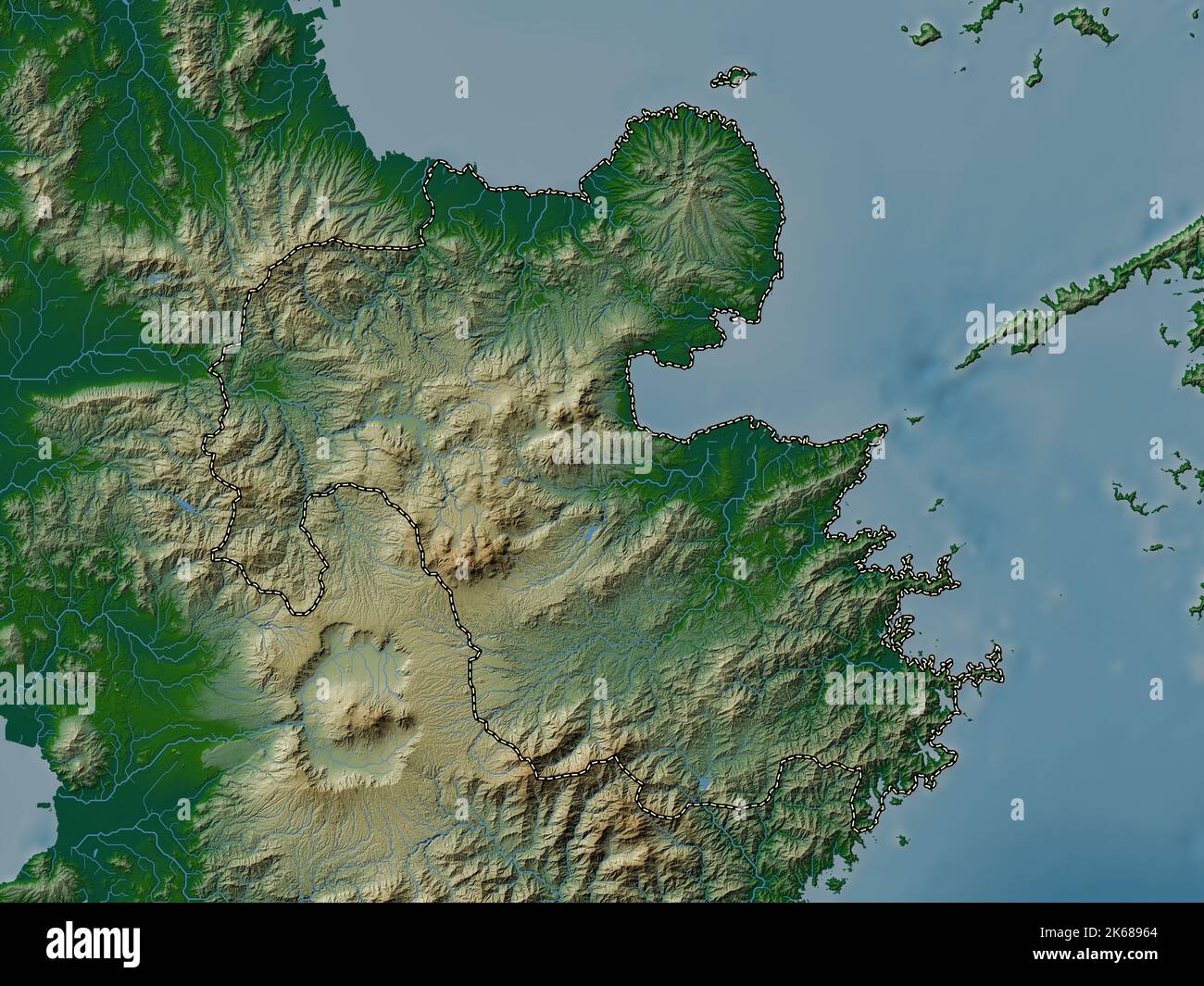 Oita, prefecture of Japan. Colored elevation map with lakes and rivers ...