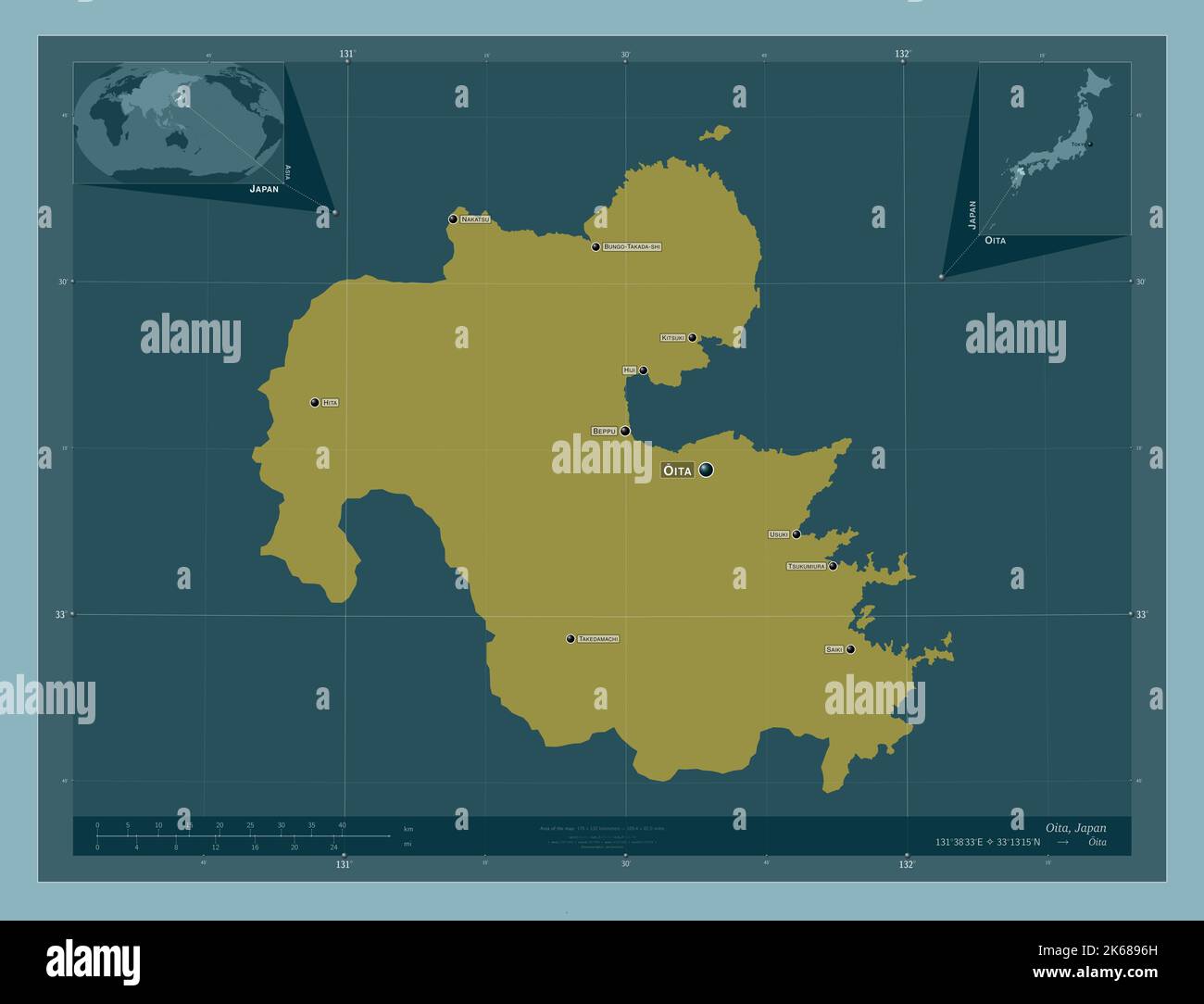 Oita, prefecture of Japan. Solid color shape. Locations and names of ...