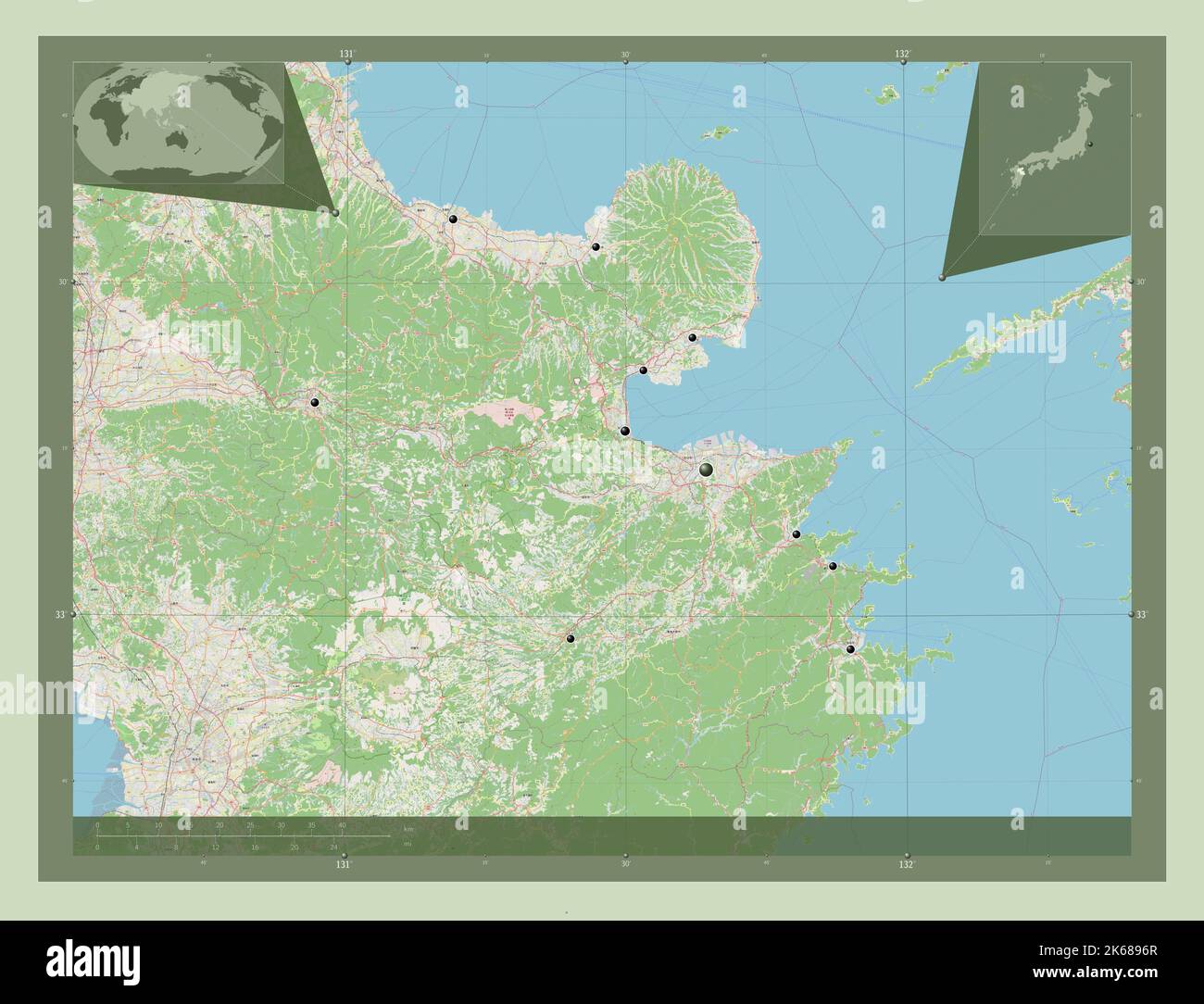 Oita, prefecture of Japan. Open Street Map. Locations of major cities ...