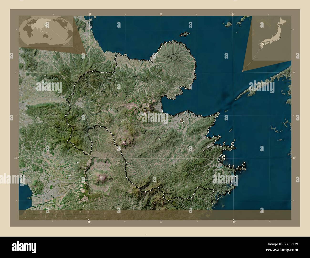Oita, prefecture of Japan. High resolution satellite map. Corner ...