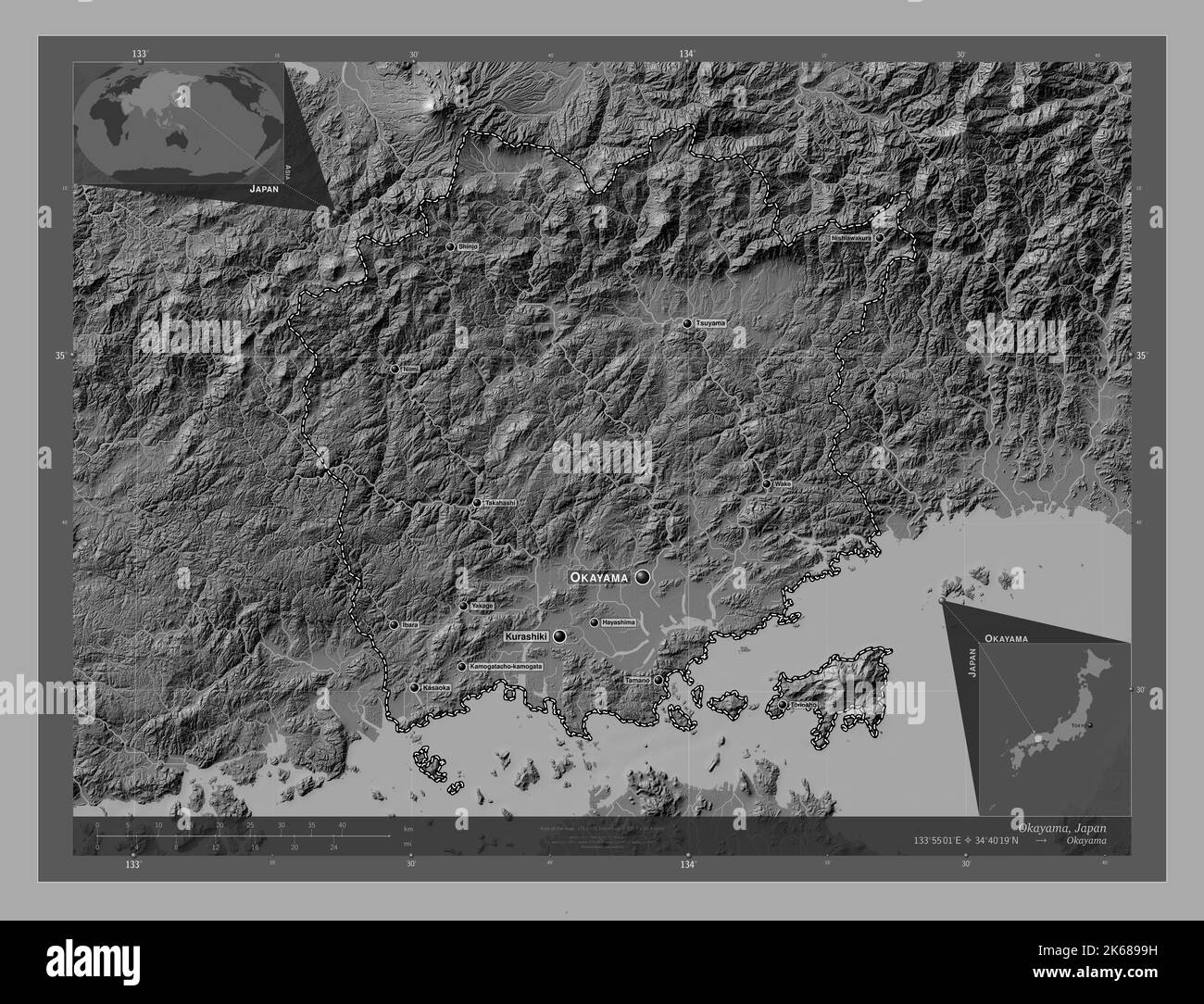 Okayama, prefecture of Japan. Bilevel elevation map with lakes and ...