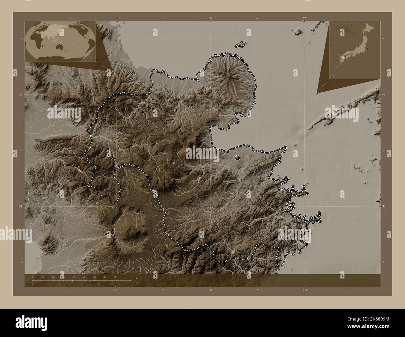 Oita, prefecture of Japan. Elevation map colored in sepia tones with ...