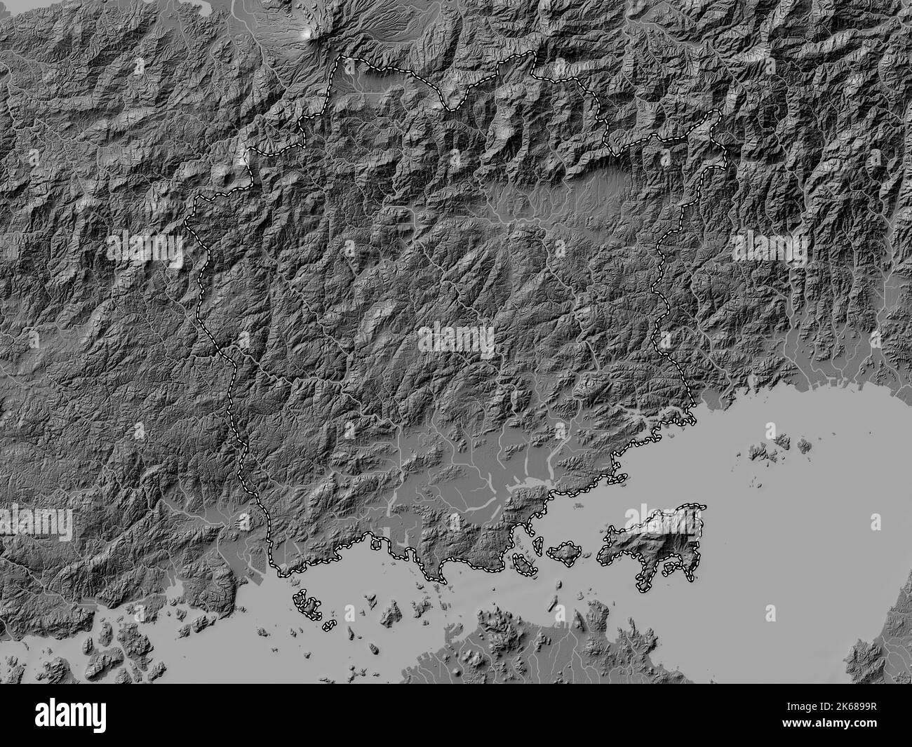Okayama, prefecture of Japan. Bilevel elevation map with lakes and ...