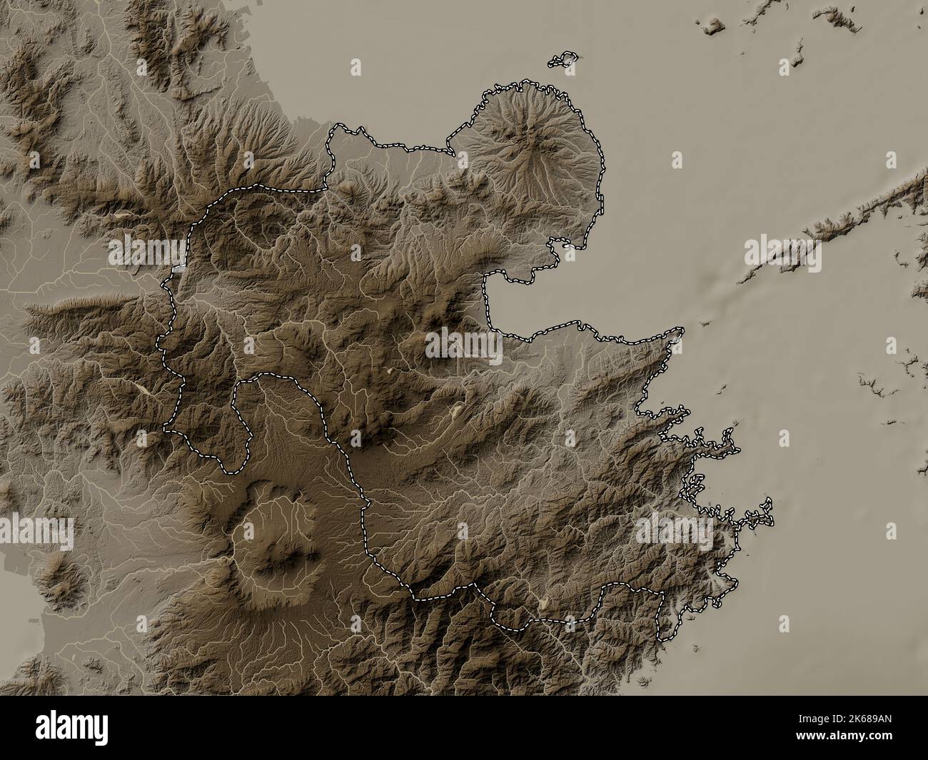 Oita, prefecture of Japan. Elevation map colored in sepia tones with ...