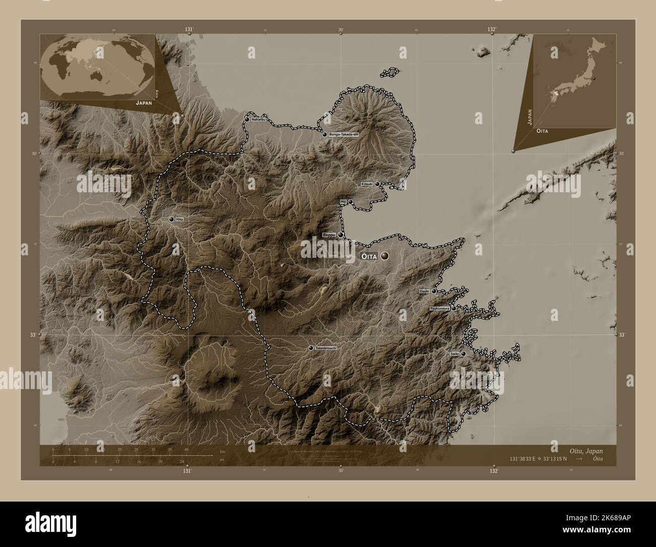 Oita, prefecture of Japan. Elevation map colored in sepia tones with ...