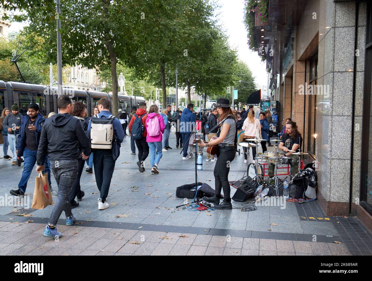 female busker and drummer on oconnell street dublin republic of ireland ...