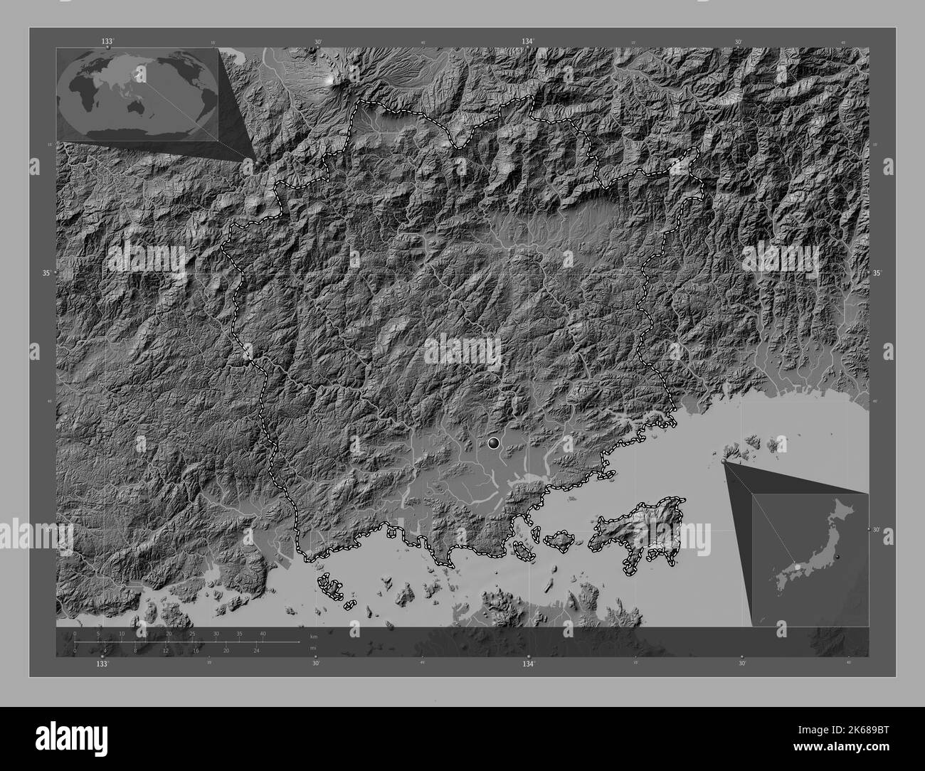 Okayama, prefecture of Japan. Bilevel elevation map with lakes and ...
