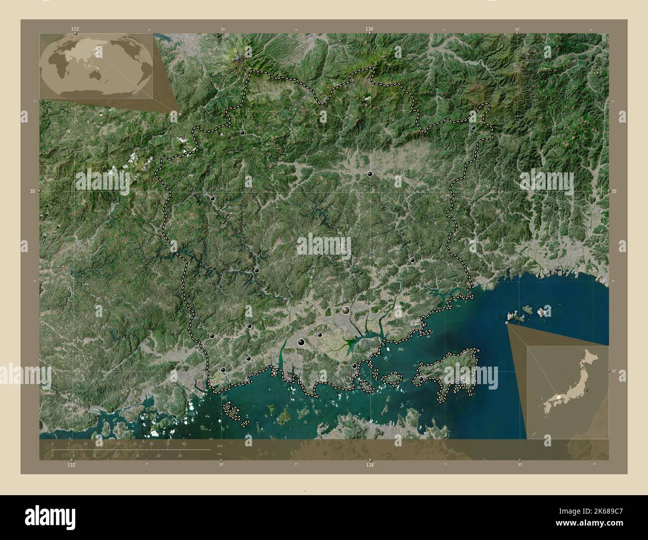 Okayama, prefecture of Japan. High resolution satellite map. Locations ...