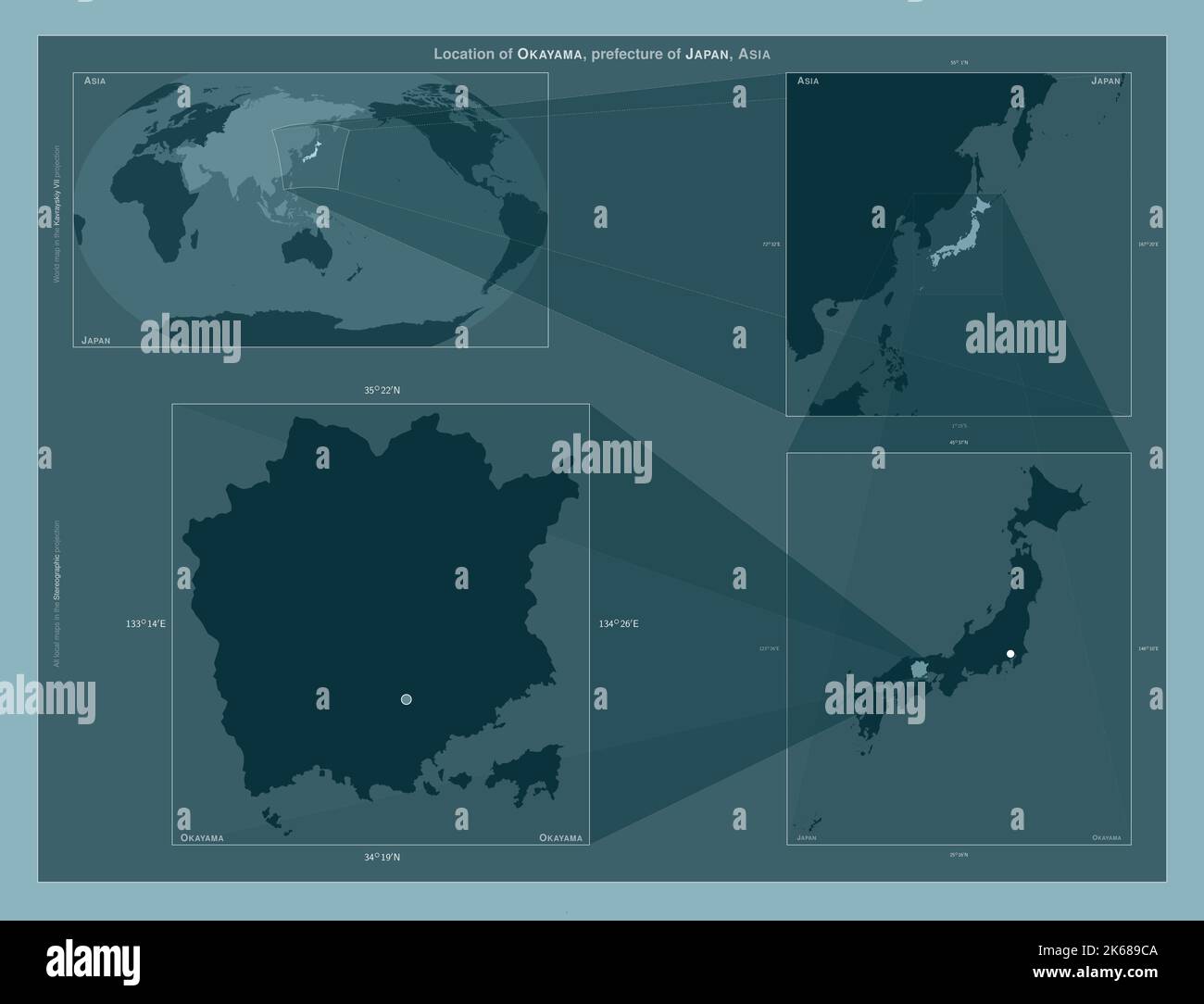 Okayama, prefecture of Japan. Diagram showing the location of the ...
