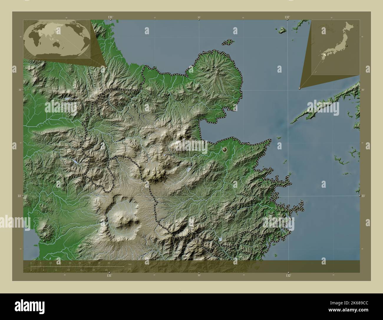 Oita, prefecture of Japan. Elevation map colored in wiki style with ...