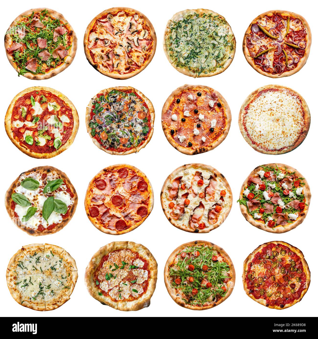 Collection of pizza with various ingredients isolated on white ...