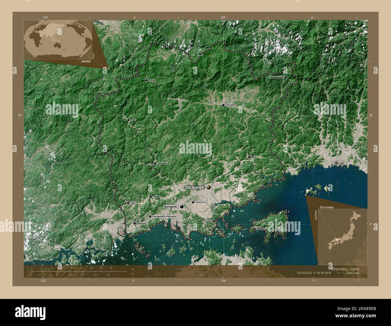 Okayama, prefecture of Japan. Low resolution satellite map. Locations ...