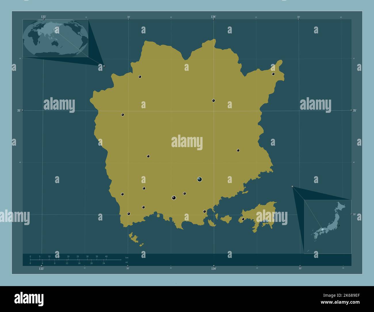Okayama, prefecture of Japan. Solid color shape. Locations of major ...