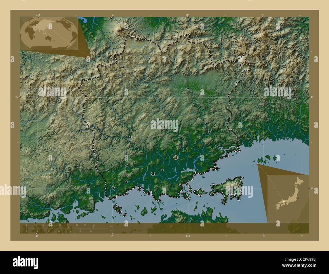 Okayama, prefecture of Japan. Colored elevation map with lakes and ...
