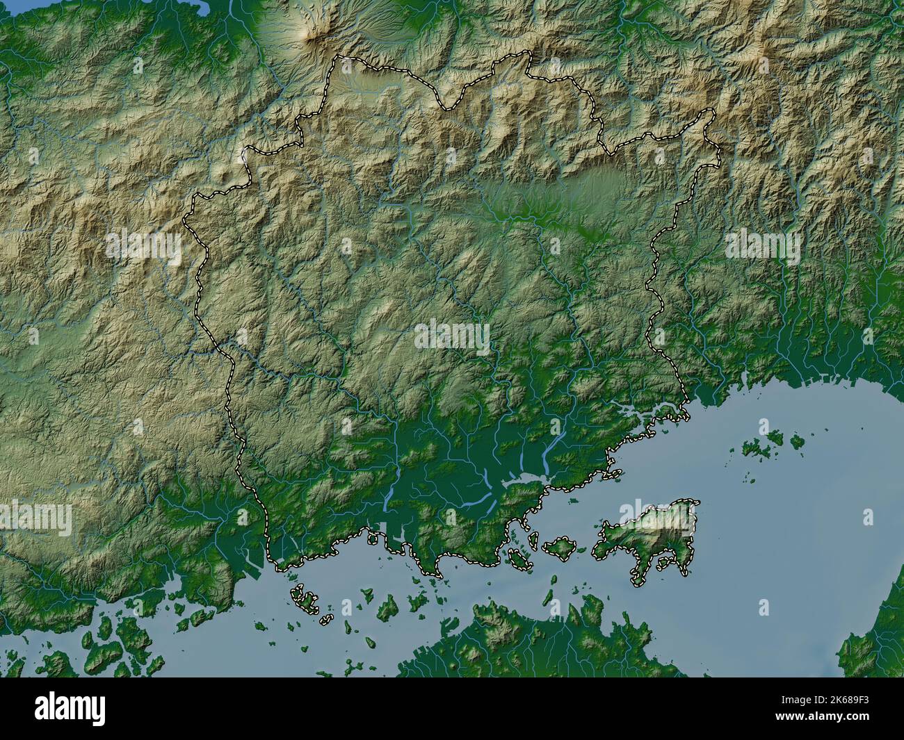 Okayama, prefecture of Japan. Colored elevation map with lakes and ...