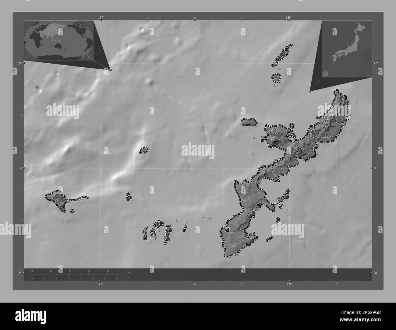 Okinawa, prefecture of Japan. Bilevel elevation map with lakes and ...