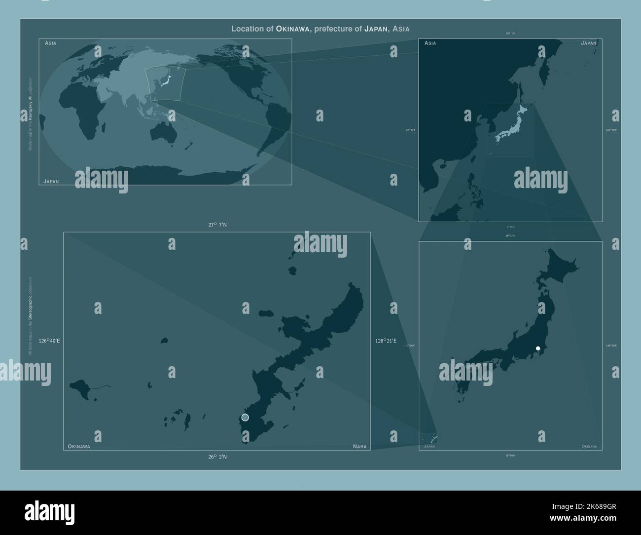 Okinawa, prefecture of Japan. Diagram showing the location of the ...