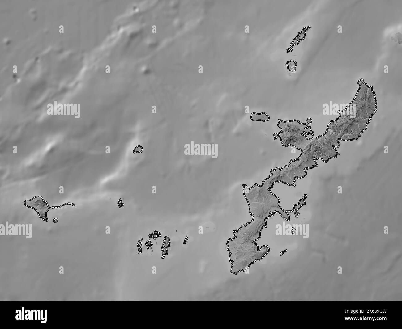 Okinawa, prefecture of Japan. Grayscale elevation map with lakes and ...