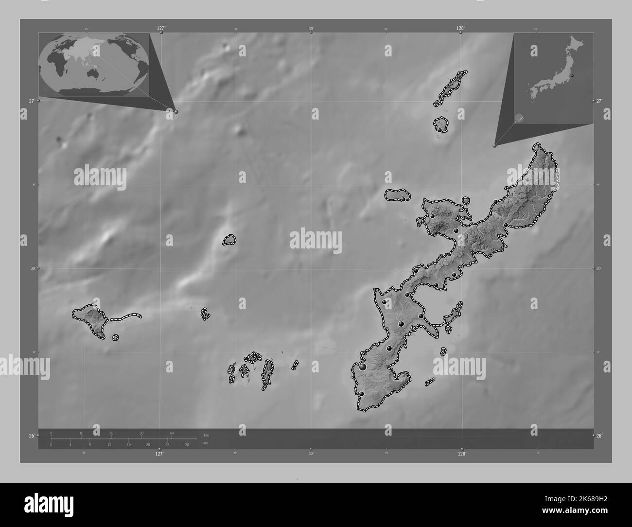 Okinawa, prefecture of Japan. Grayscale elevation map with lakes and ...