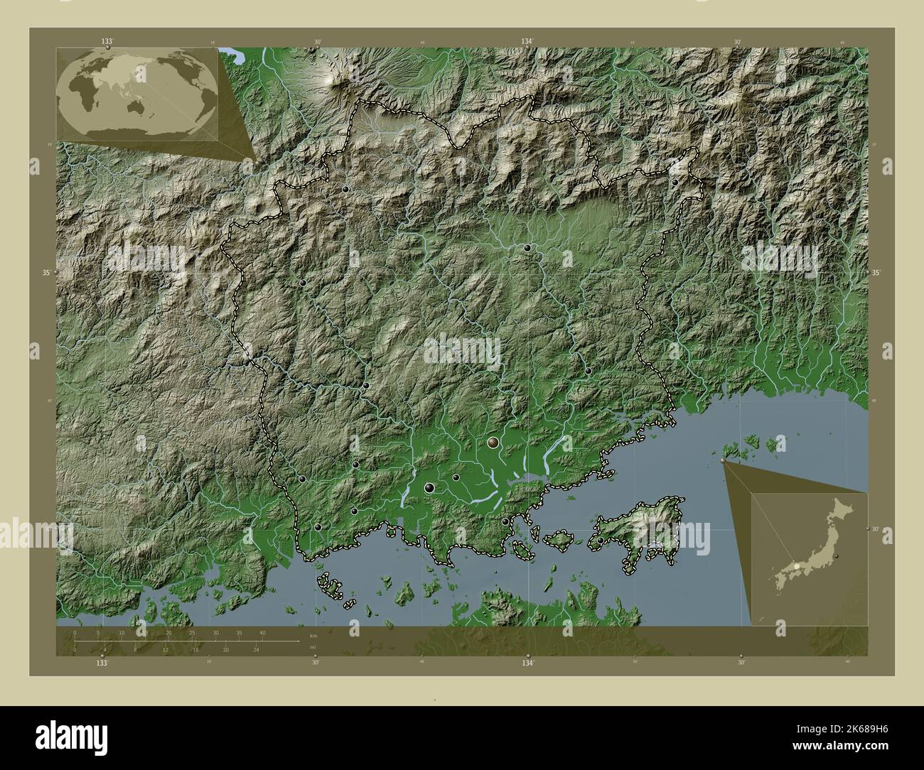 Okayama, prefecture of Japan. Elevation map colored in wiki style with ...